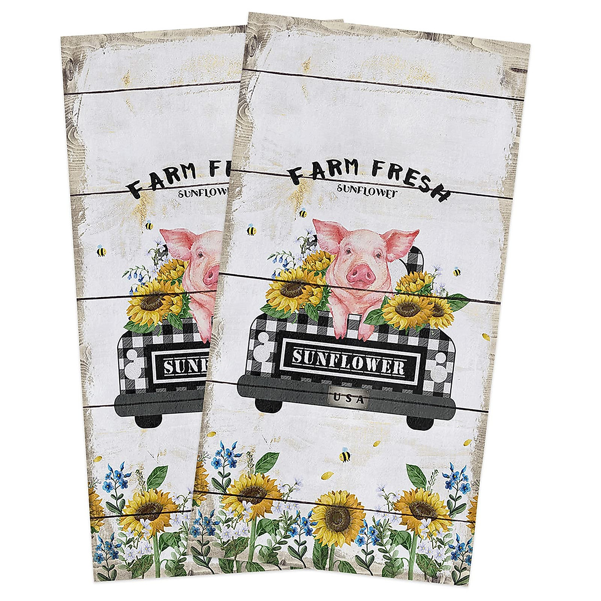 Kitchen Towels Truck with Pig Dish Towel Sunflower Farmhouse Black Buffalo Check Plaid Wood Grain Dishcloths 18x28 Inches Absorbent Soft Cotton Dish Cloths Bar Towels & Tea Towels