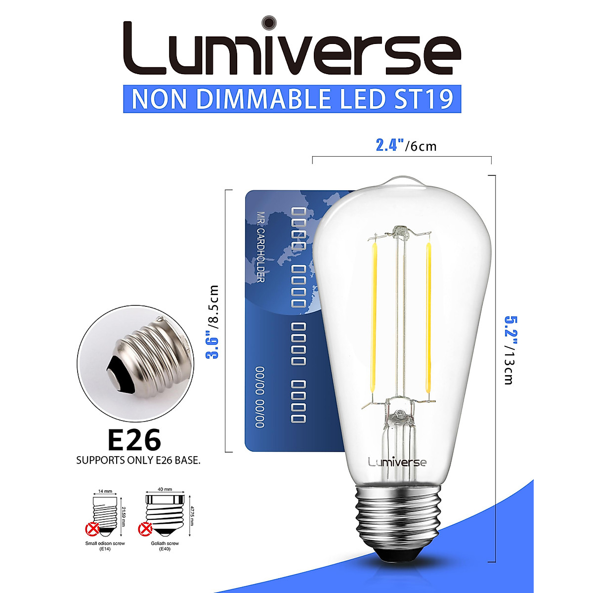 Lumiverse Edison Light Bulbs 60 Watt, 4000K Cool White, Non-Dimmable, Vintage Light Bulbs, E26 Medium Base ST19 Antique LED Filament Bulbs, Clear Glass, Pack of 6