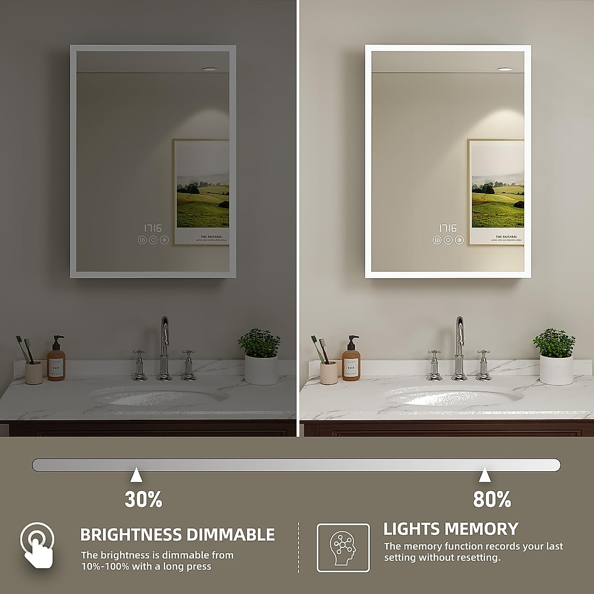 Buruis Medicine Cabinet with LED Lights and Mirror, 16 x 24 Inch Surface or Recessed Mounted Bathroom Cabinet, 3-Color Light, Clock&Temp, Defogger, Memory Function, Outlet & USB, Dimmer, Black