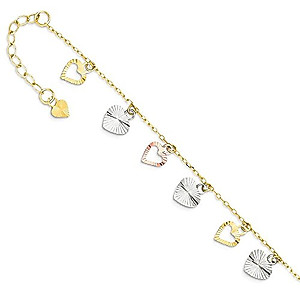 IceCarats 14K Tri Color Gold Heart Love 9 inch Anklet Summer Beach Foot Ankle Bracelet