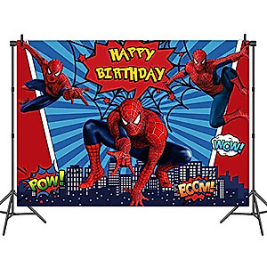1Superhero City Theme Photography Backdrops Red Blue Stripe Spiderman Children Boys Happy Birthday Party Photo Background 5x3ft Newborn Baby Shower Banner Supplies Cake Dessert Table Decor Props Vinyl