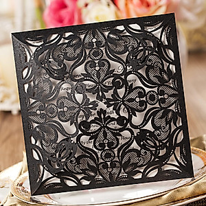 Hosmsua 6.3 x 6.3 Inch 50PCS Black Laser Cut Hollow Lace Rose Invitation Cards with Envelopes Wedding Invitations for Engagement Wedding Invite (Black, 50PCS Blank)