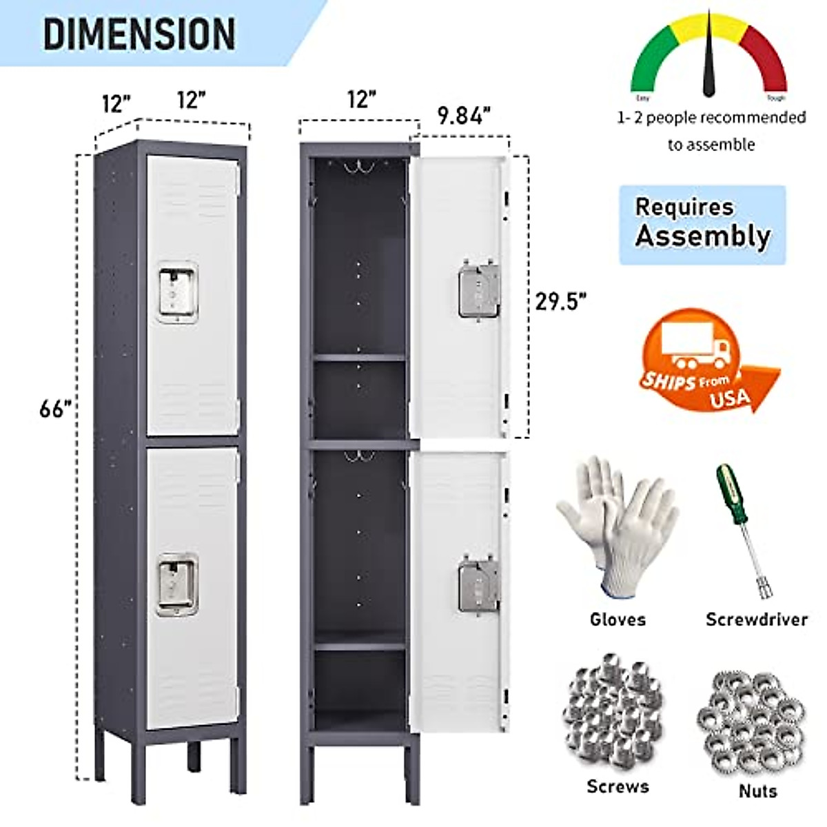 MIIIKO Employee Lockers with 2 Doors, Metal Locker 2 Tier School Lockers with Vents and Hanging Hooks, for Storage of Clothes, Sportswear, Bags, Shoes