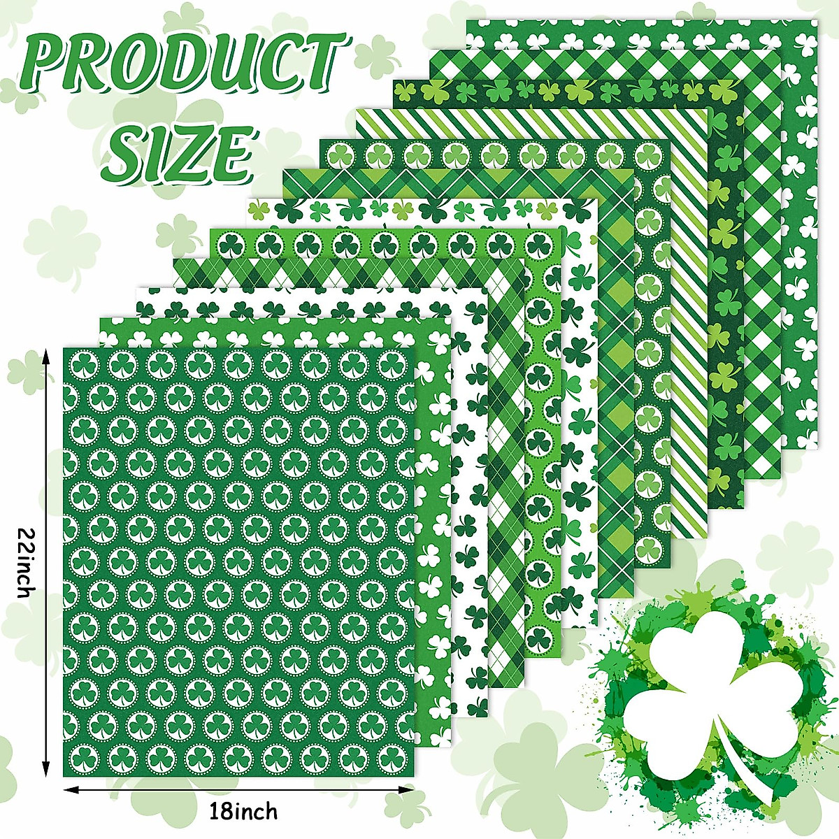 Whaline 12Pcs St. Patrick's Day Cotton Fabric Bundles Green Shamrock Plaid Fat Quarters Lucky Clover Quilting Patchwork for Irish Holiday DIY Sewing Craft Decor, 18 x 22 Inch