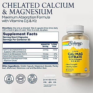 Solaray Cal-Mag Citrate 2:1 with D-3 & K-2 Capsules 180 Count