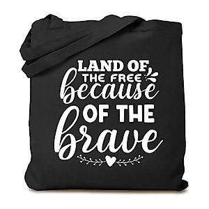 TSIIUO Women's Land of The Free Because of The Brave Canvas Tote Bag Independence Day Patriotic Reusable Shopping Bag Black