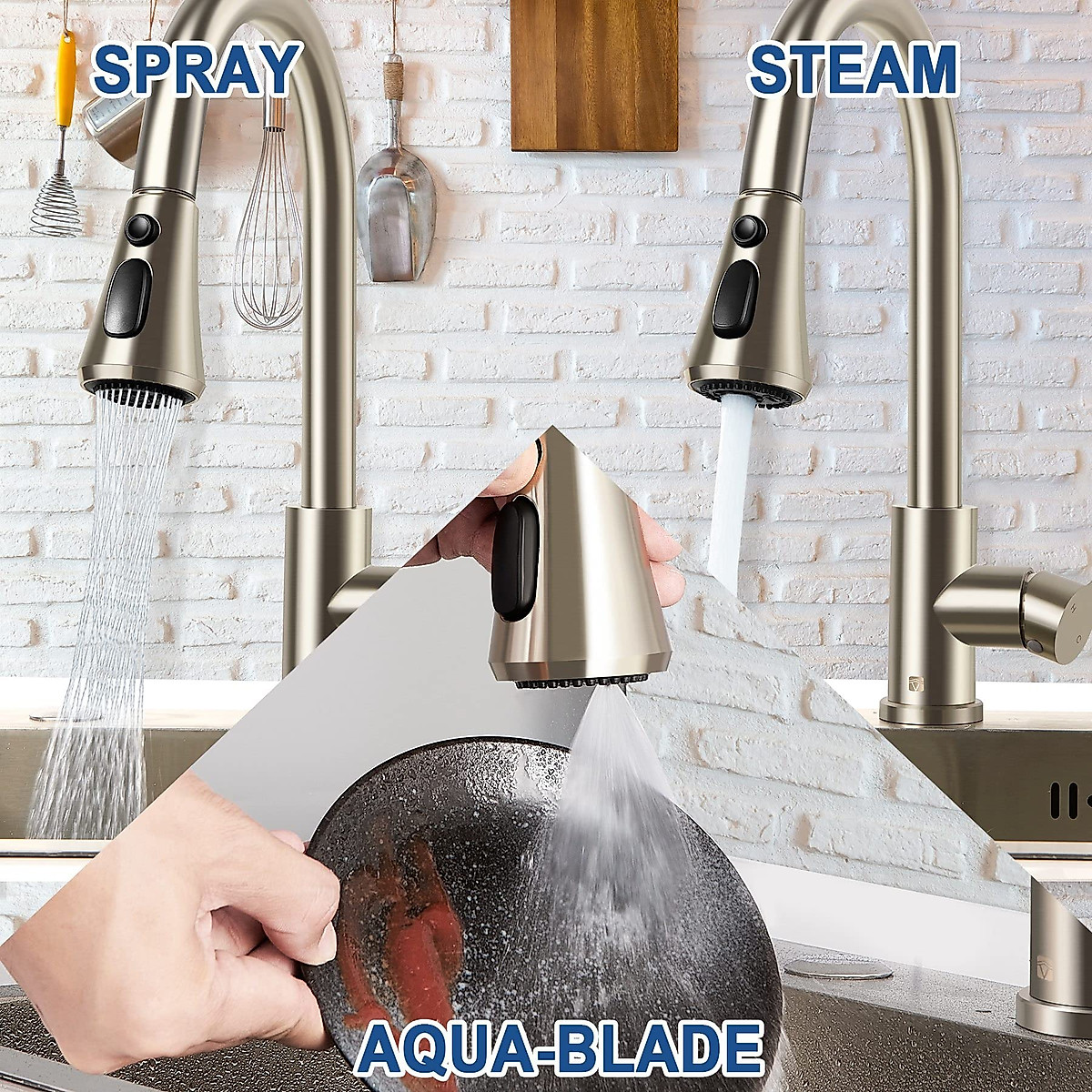 Kitchen Faucet with Pull Down Sprayer VMASSTONE Single Level Stainless Steel Kitchen Sink Faucet with 3-Spray Mode Single Handle High Arc Modern Faucet for Kitchen, RV, Bar (Brushed Nickel)