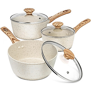 MICHELANGELO Sauce Pan with Lid, Nonstick Saucepans 1.5QT&2QT&3QT, Granite Sauce Pan 3 Piece, Stone Saucepan Set, Small Pot with Lid, Nonstick Sauce Pot Set, White