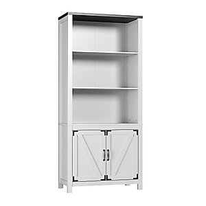 SunsGrove Farmhouse Bookcase with Doors, 5 Tier Large Bookshelf with Storage, Adjustable Shelves & Barn Doors, White 70" Tall Bookshelf for Home Office, Living Room
