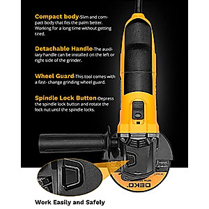 DEKOPRO 110V Angle Grinder, 4-1/2" Max. Wheel Dia., 7.5A Grinders Power Tools, 12000RPM No Load Speed, 1 Grinding Wheel, Grinder Tool for Grinding, Sanding, Wire Brushing or Abrasive Cutting-Off
