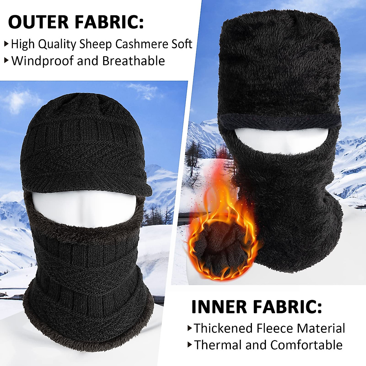 Balaclava Face Mask - 2pcs Knit Winter Hats for Women Men Adult, Cold Weather Ski Beanie Neck Gaiter Ears Cover for Outdoors Running Snowboarding, Thermal Ninja Caps Grey Black