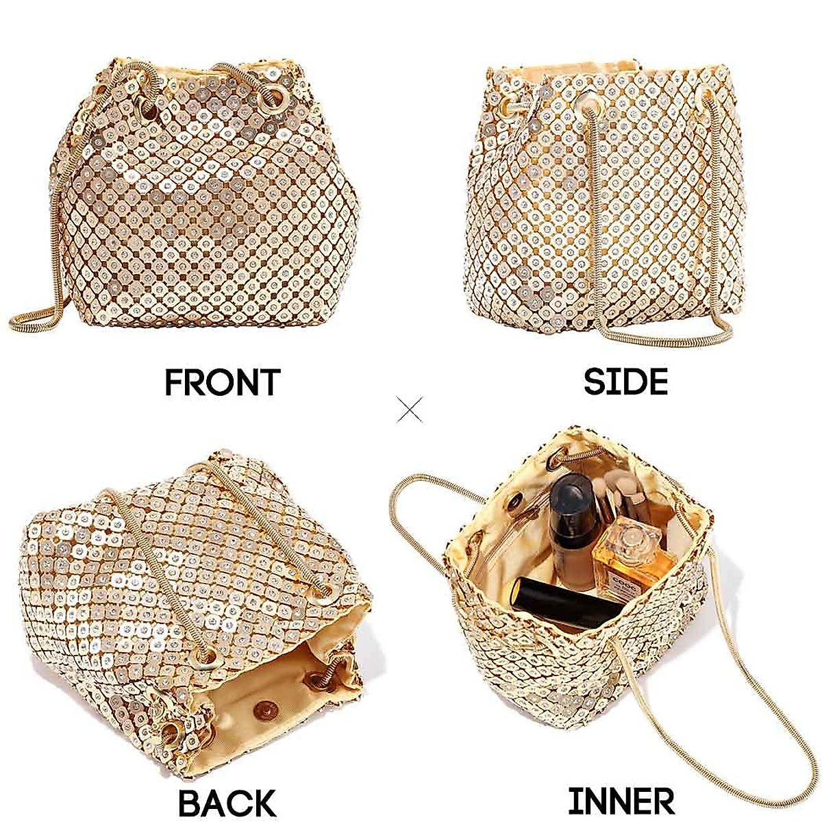 Yokawe Women's Bling Crystals Evening Clutch Bag Sparkly Metal Sequins Purse Glitter Rhinestone Bucket Bags Prom Cocktail Party Wedding Handbags (Gold)