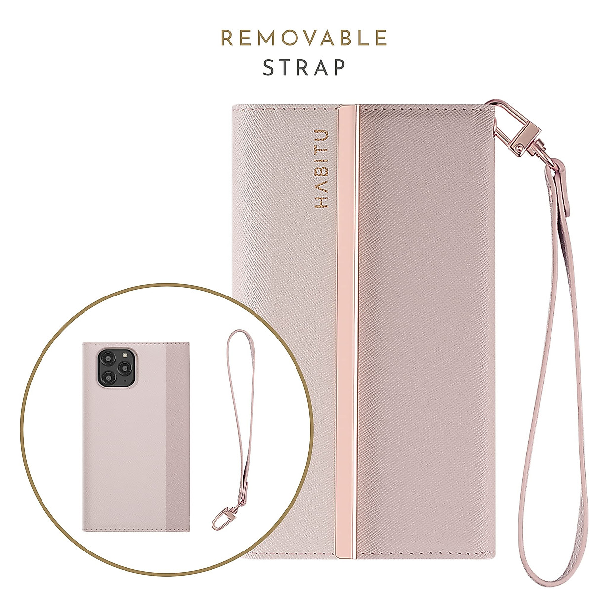 HABITU [Folio Collection 2022] Eris Tri-Fold Pink Wallet Case for iPhone 12/12 Pro, Detachable Vegan Leather Magnetic Folio with Card Pockets, Mirror & Strap for Women, Pink Eris