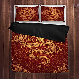 Gearider Dragon Bedding Chinese Style Duvet Cover Set Queen Size 3pc Luxury Bedding Soft Red Quilt Duvet Cover with Zipper Closure