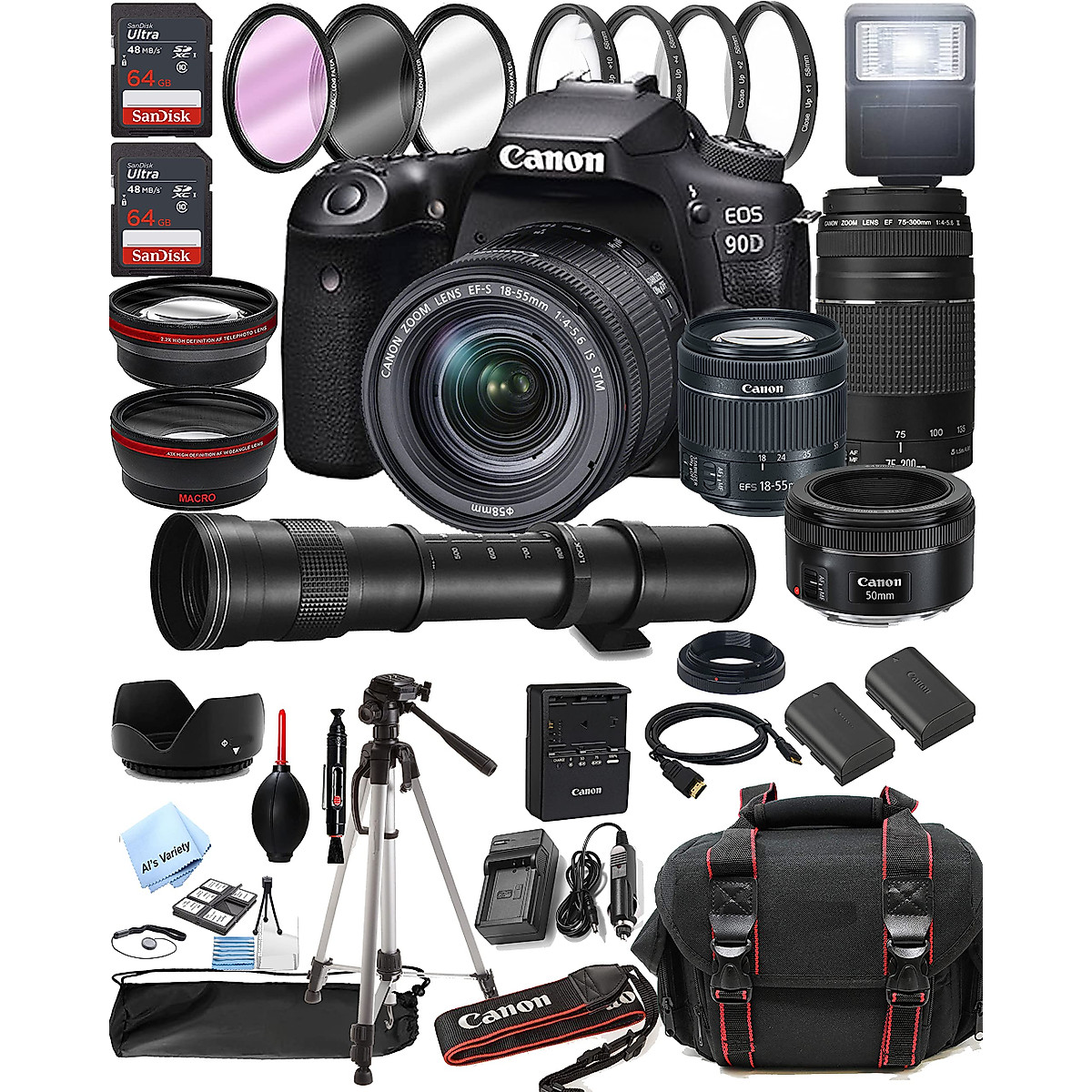 Canon EOS 90D DSLR Camera w/EF-S 18-55mm F/4-5.6 is STM Zoom Lens + 75-300mm F/4-5.6 III Lens EF 50mm f/1.8 STM Lens + 420-800mm Super Telephoto Lens + 128GB Memory (42pc Extreme Bundle) (Renewed)
