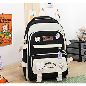 LaurelTree Kawaii Aesthetic Cute 5pcs School Bags Set with Accessories School Suppliers for Teens Girls Backpack Tote Bag (Black)