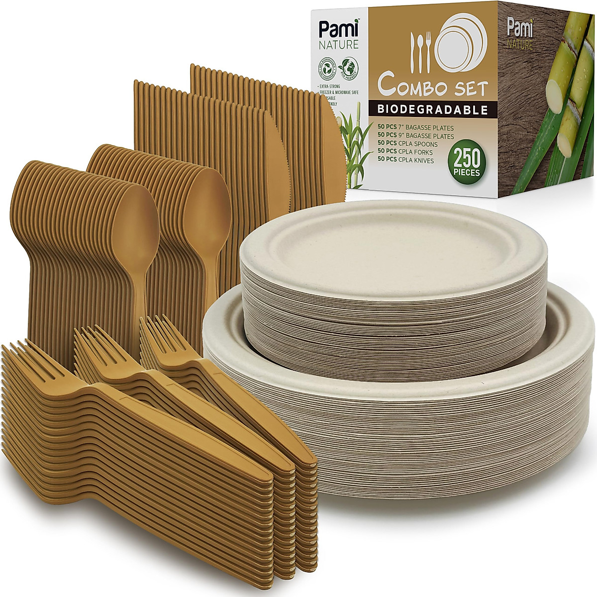 PAMI 250-Piece Eco-Friendly Disposable Dinnerware Set with Biodegradable Plates, Cutlery, Cups, Degradable Tableware for Parties and Events