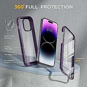 Miracase Glass Series for iPhone 14 Pro Case 6.1 Inch, 2023 Full-Body Clear Bumper Case with Built-in 9H Tempered Glass Screen Protector, with Camera Lens Protector (Noble Purple)