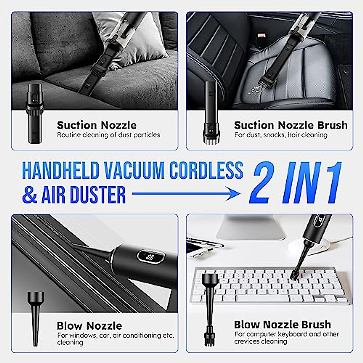 Coransi Car Vacuum Cleaner High Power 13000PA, Hand Vacuum Cordless Ultra-Lightweight 1.24lbs, Portable Car Vacuum Cleaner with Air Blower, Handheld Vacuum Wireless with LED for Pet Hairs