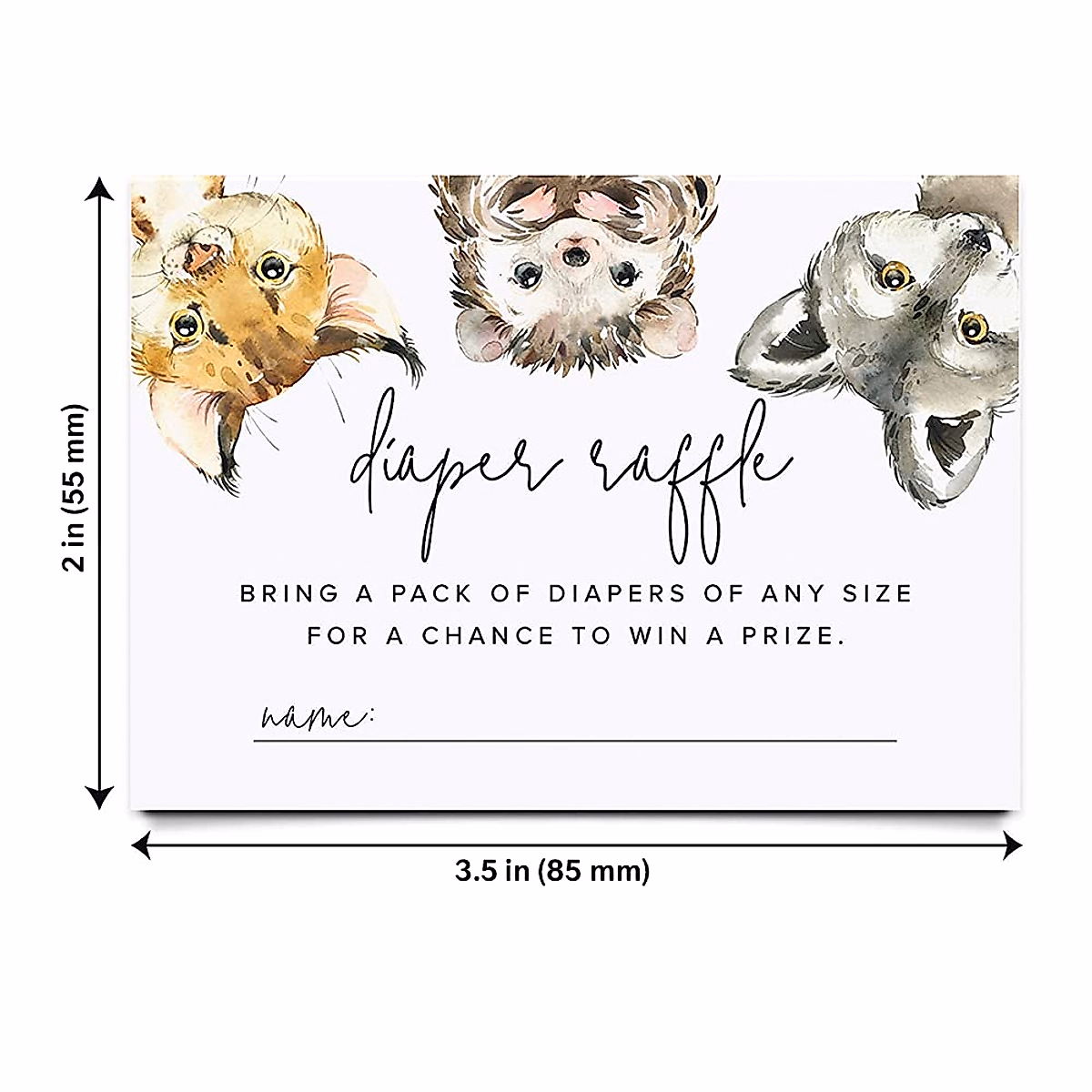 Bliss Collections Diaper Raffle Tickets for Baby Showers, Pack of 50 Single-Sided Cards, Woodland Animals for Gender Reveal Parties, Heavyweight, Easy to Write On 2 x 3.5” Card Stock, Made in the USA