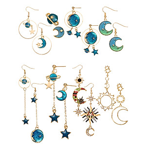 8 Pairs Moon Star Earth Planet Earrings Asymmetrical Vintage Bohemian Earrings Dangle Pendant Earrings Drop Hook Earrings Jewelry for Women