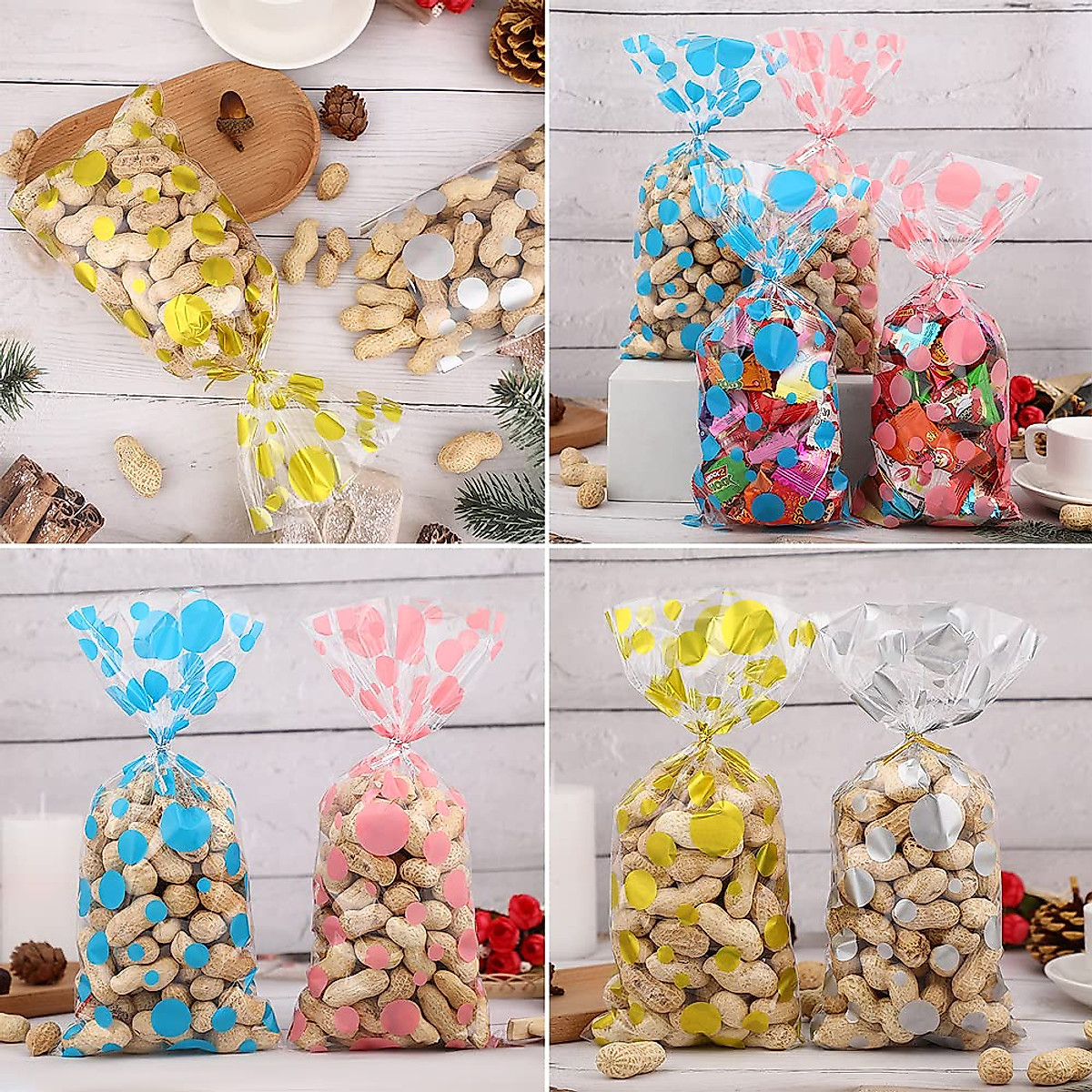 Polka Dot Cellophane Bags, 100pcs Clear Treat Bags, Plastic Christmas Cello Bags Sweets Bags with 100 Twist Ties for Goodie, Cookies, Nut, Gift Wrap, Wedding Birthday Party Favor Supplies (4 Pattern)
