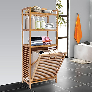 Tilt Out Bamboo Laundry Hamper, Laundry Basket with 3 Shelves Bathroom Cabinet Organizer,4 Tier Shower Caddy Shelf Rack for Bedroom, Bathroom, Closet, Laundry Room