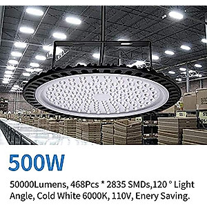 500W UFO LED High Bay Lights, 50000 Lumen 6000K-6500K Warehouse LED Lights, Waterproof Dustproof Ultra Thin High Bay LED Lights- Commercial Bay Lighting