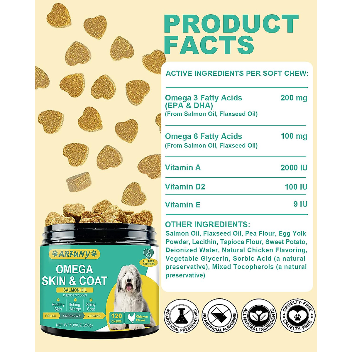 Skin and Coat Chews for Dogs - Omega 3 Supplement for Dogs with EPA & DHA Fatty Acids- Fish Oil Chews for Dogs with Salmon Oil & Vitamins - Dog Itchy, Dry & Shedding Skin Relief- Chicken, 120 Chews