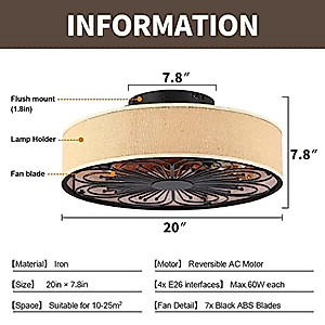 HUOGME 20" Caged Ceiling Fan with Light : Low Profile Fabric Farmhouse Remote Control Flush Mount Enclosed Ceiling Fan with Light for Bedroom Living Room Kitchen Indoor (Ginger)