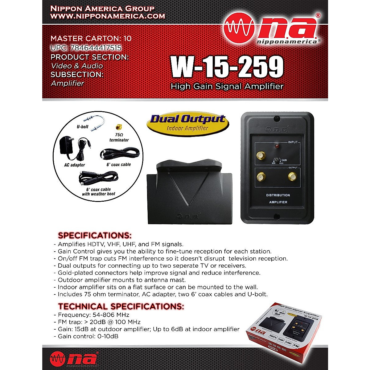 Indoor Outdoor High Gain Signal Amplifier HDTV VHF UHF FM Channel Boost