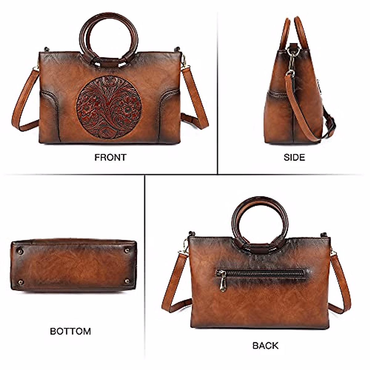 PU Handbag for Women,Vintage Design Embossed Totem Purse Organizer Top-Handle Satchel Handmade Medium Crossbody … (Brown)