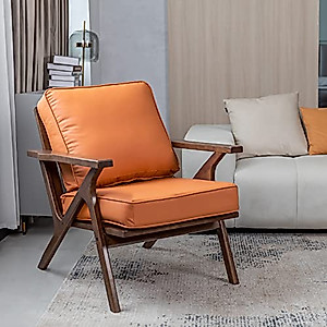 ONG Mid Century Accent Chair Brown Leather - Modern Armchair Upholstered Cushioned with Wooden Armrest Wood Legs Lounge Single Sofa Chair for Living Room Bedroom Home Furniture 330lbs (Brown Leather)