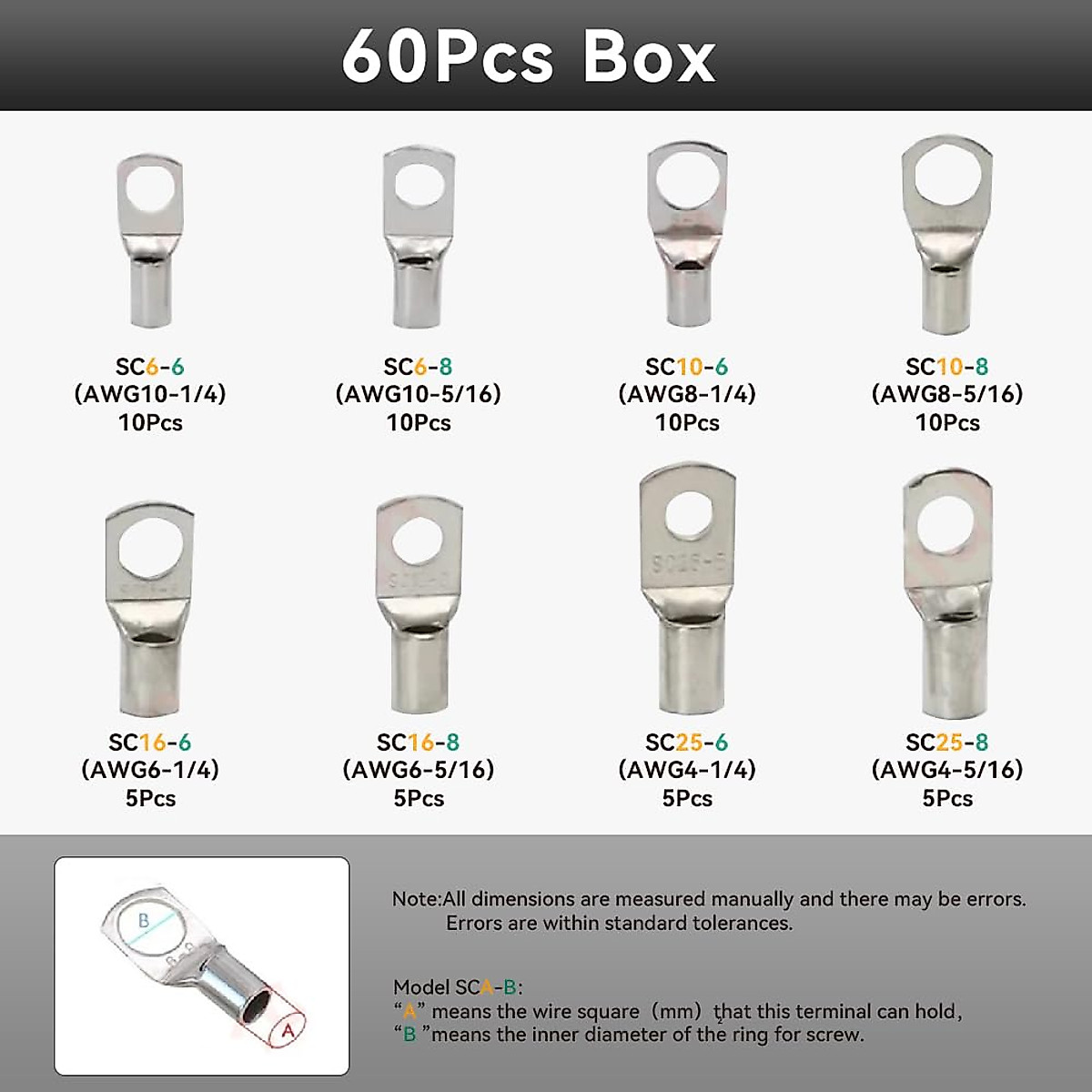 HKS Battery Cable Lug Crimping Tool 10-1 AWG with 60Pcs Copper Ring Terminals 8 Sizes Cable Lugs Set, Heavy Duty Wire Crimper
