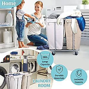 PLKOW Laundry Cart with Wheels 280L Large Laundry Sorter 2 Section for Commercial/Home, Rolling Laundry Cart with Steel Frame and Removable Bag, 8 Bushel, 32.3L x 19.7W x 31.5H Inch