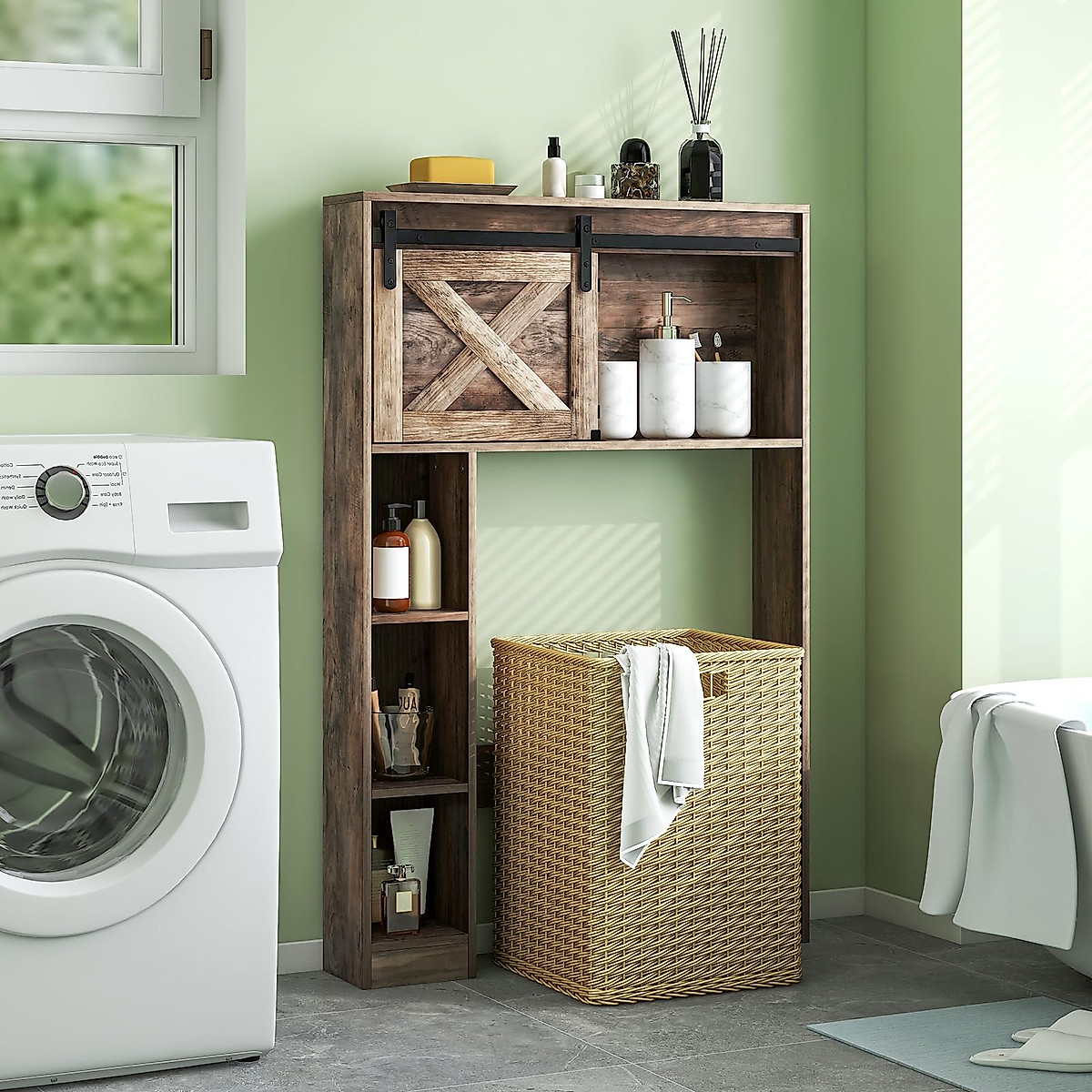 Tangkula Over The Toilet Storage Cabinet, Freestanding Bathroom Organizer above Toilet with Sliding Barn Door & Storage Shelves, Bathroom Space Saver for Laundry Balcony (Farmhouse, Natural)