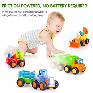 BABYFUNY Toys for 1 Year Old Boy Gifts Baby Toys 12-18 Months, Car Toys for Toddlers 1-3, 4 Pack Friction Powered Toddler Car with Dump Truck Bulldozer Tractor Cement Mixer Toddler Boy Toys Age 1-2