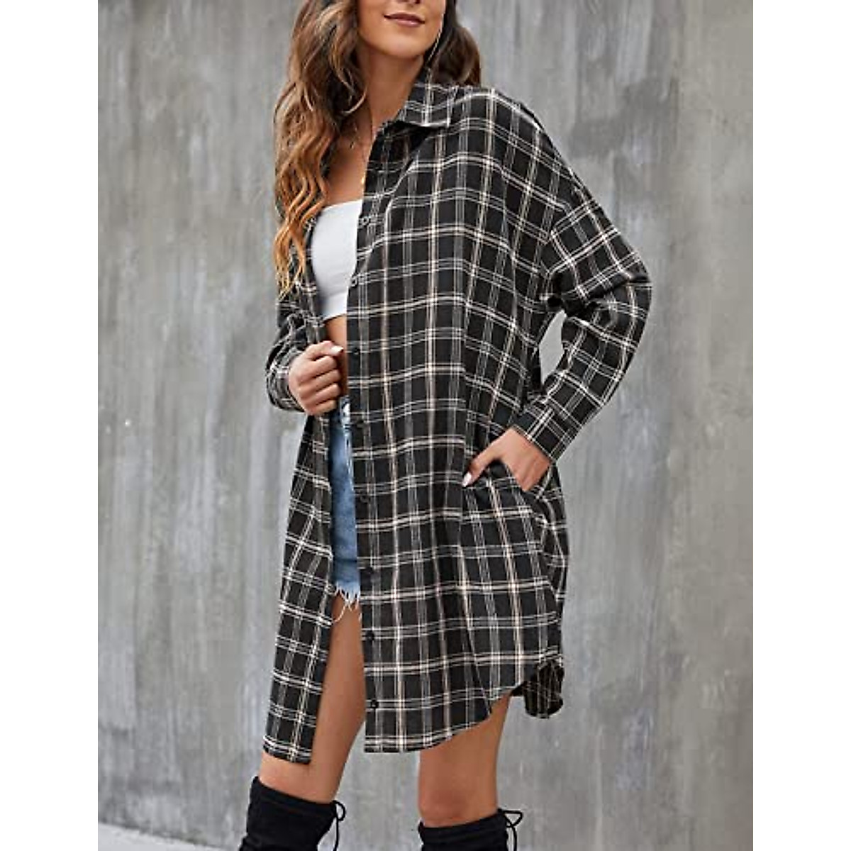 HangNiFang Long Flannel Shirts for Women Button Down Plaid Shirts Dresses Pocketed(0652-Black-XL)