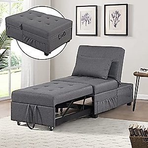 IPKIG Convertible Chair Sleeper Bed, 4 in 1 Multi-Function Sleeper Sofa Folding Ottoman Modern Linen Fabric Guest Bed with Lumbar Pillow and Adjustable Sleeper for Small Space Apartment (Dark Grey)