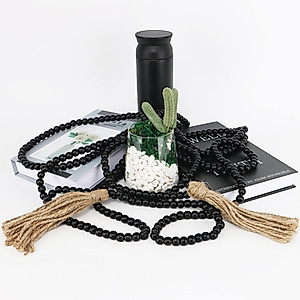 CVHOMEDECO. 16 Feet Wood Beads Garland with Tassels Farmhouse Rustic Wooden Decorative Bead String Wall Hanging Accent for Home Festival Decor. Black