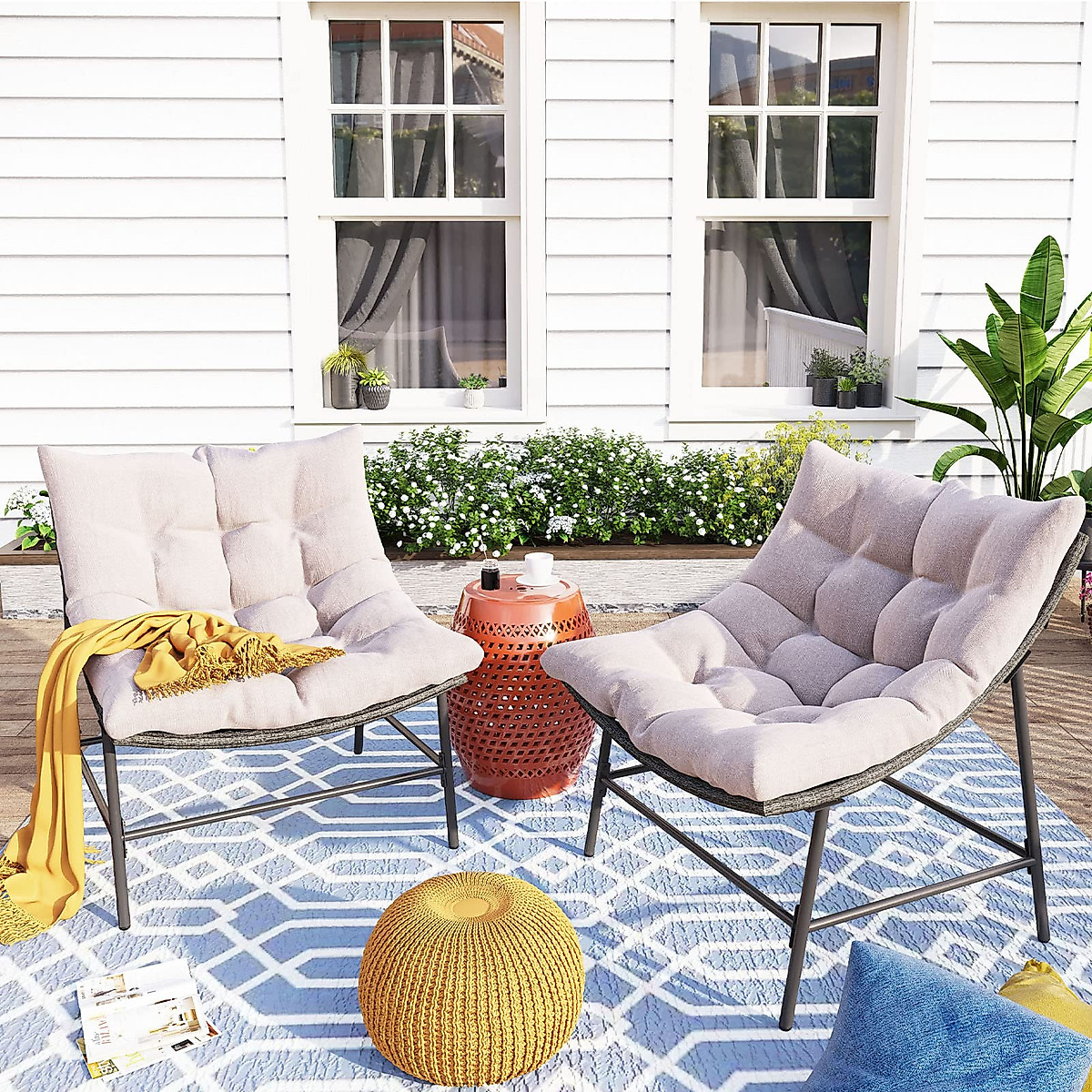 MFSTUDIO 2 Pieces Outdoor Rattan Egg Lounge Chairs, Patio Wicker Scoop Papasan Lounge Chairs Set of 2 with Cushions and Durable Steel Frame, Indoor & Outdoor Use, 330lbs, Porch, Backyard