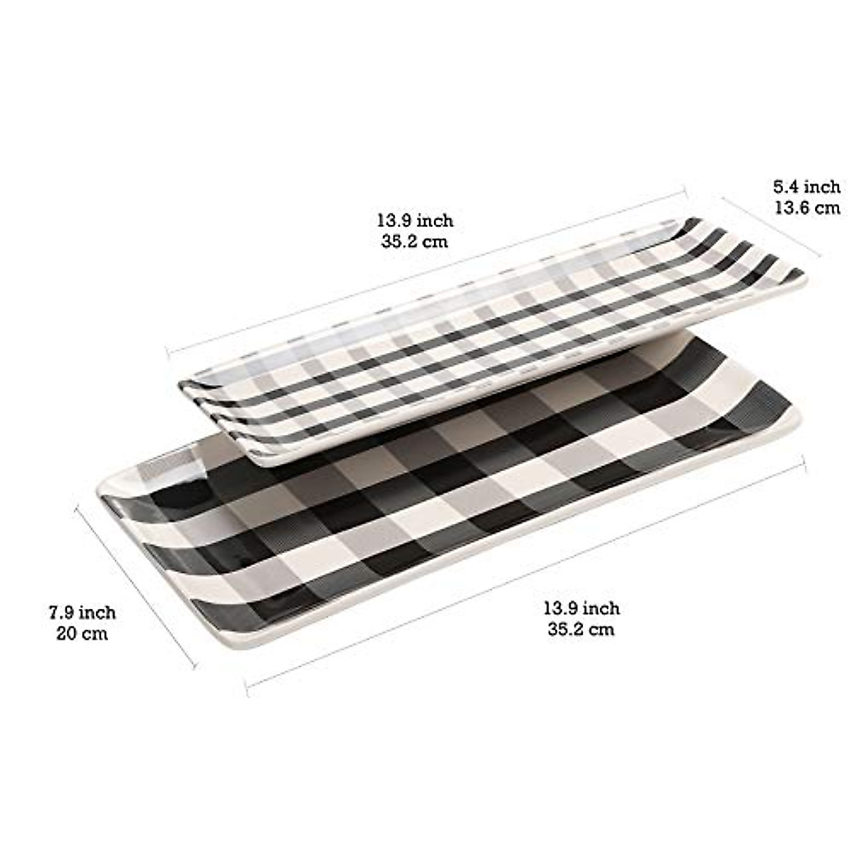 Bico Plaid Check Black and White Ceramic 14 inch Rectangular Serving Platter, Set of 2, for Serving Salad, Pasta, Cheese, Ham, Appetizer, Microwave & Dishwasher Safe