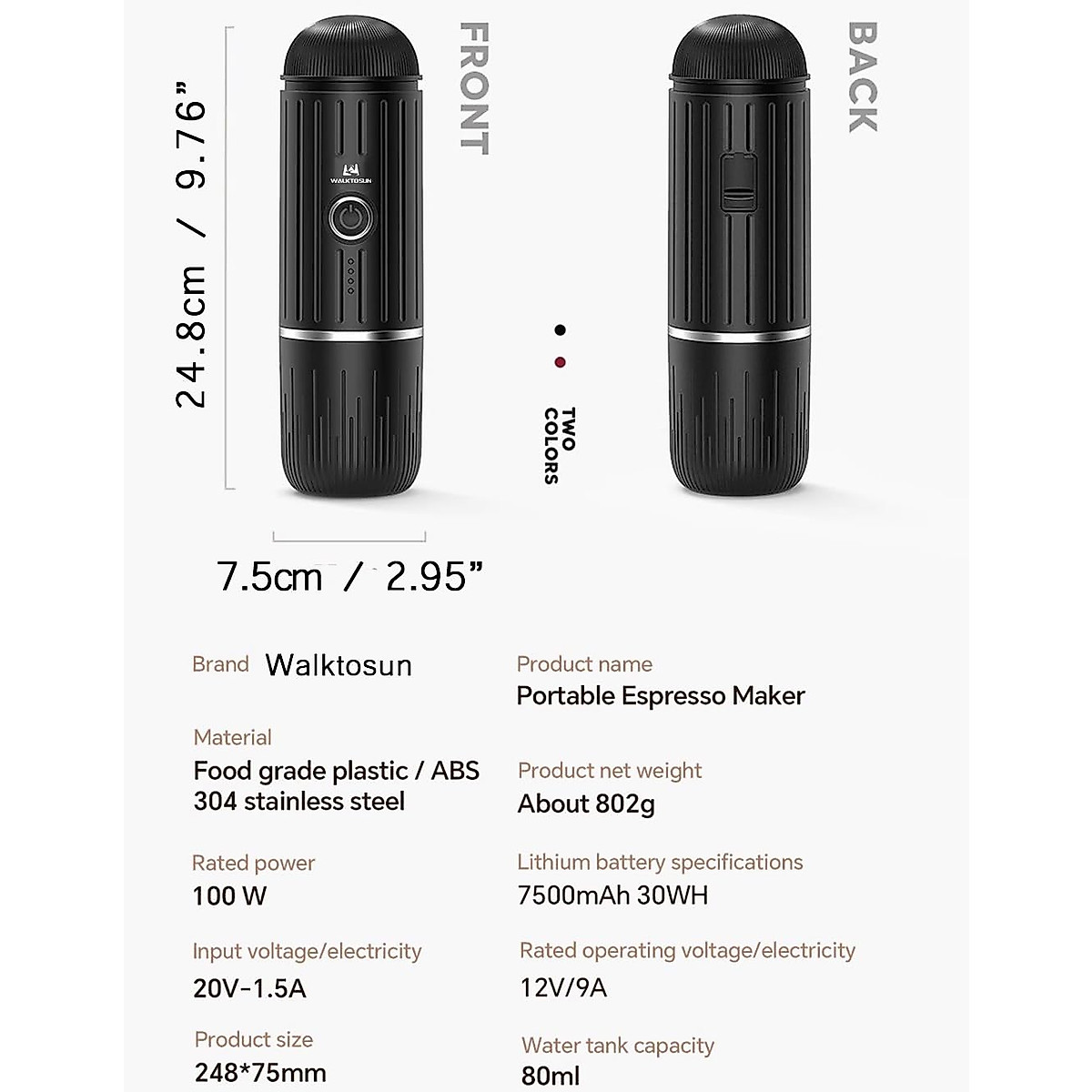 Portable Espresso Coffee Maker Electric Expresso Maker Self Heating Battery Powered, 19 Bar Pressure, Coffee Machine with Ground Coffee & NS Capsule for Travel, Camping, RV, Hiking, Office (Black)