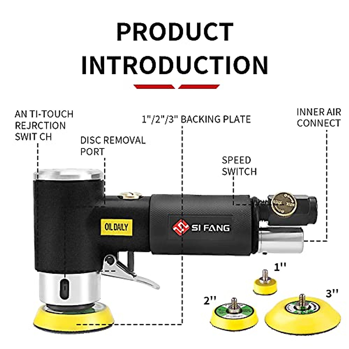 SI FANG 48Pcs 1'' 2'' 3'' Mini Random Orbital Air Sander Kit,High Speed Mini Pneumatic Sander Polisher for Auto Body Work, Includes 1/2/3in Polishing Sponge & Wool Pads Sandpapers(Black Kit)