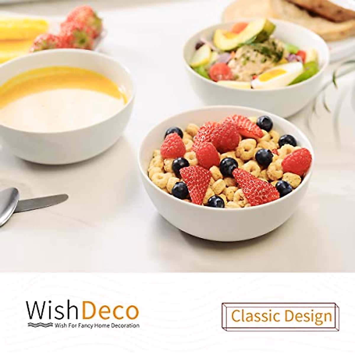 WishDeco Cereal Bowls Set of 4, Ceramic Soup Bowls, 20 Ounce Breakfast Bowls, 6" White Bowls for Dessert, Oatmeal, Pasta, Noodle, Salad, Rice, Microwave & Dishwasher Safe