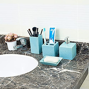 Blue Teal Bathroom Accessory Set,4 Pcs Bathroom Soap Dispenser Set Hand Pump Soap Dispenser, Vanity Countertop Accessory Set-Bathroom Soap Dispenser Set,Toothbrush Holder Set, with Soap Dish,Tumbler.