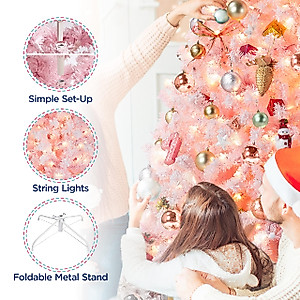 Yaheetech 4.5ft Pre-lit Artificial Christmas Tree with Incandescent Warm White Lights, Snow Flocked Full Prelighted Xmas Tree with 340 Branch Tips, 150 Incandescent Lights & Foldable Stand, Pink