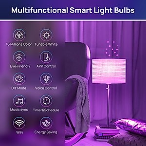Consciot Smart Light Bulbs, WiFi Color Changing Light Bulb, LED Light Bulb That Compatible with Alexa & Google Home, A19 E26 Smart Bulb 60 watt Equivalent, Music Sync, Dimmable Smart LED Bulb, 4 Pack