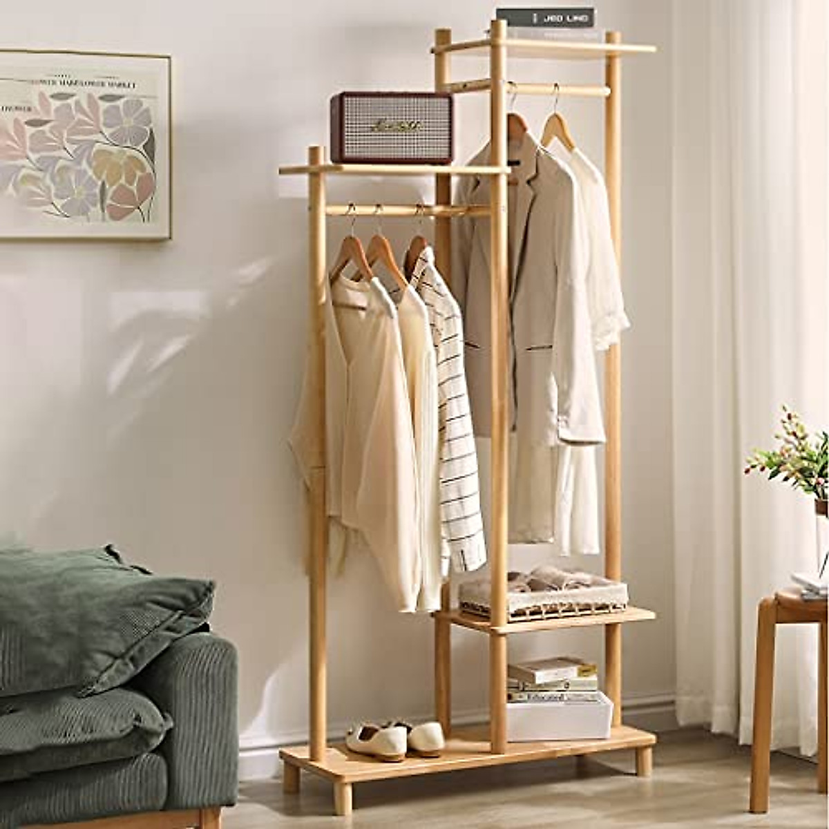 Free Standing Garment Rack with top Shelf and Shoe Clothing Storage Organizer Shelves Wardrobe Closet Organizer 100% natura rubber wood Garment Coat Hanging Heavy Duty Rack for Entryway Bed Room