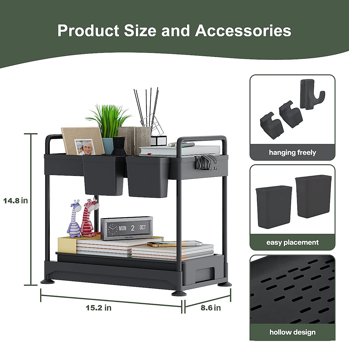 BAYANKHAR Under Sink Organizers and Storage, Multi-purpose Bathroom Organizer Under Sink, 2 Tier Under Kitchen Sink Organizer Sliding Cabinet organizer Basket with Hooks,Hanging Cup,Black,2 Pack